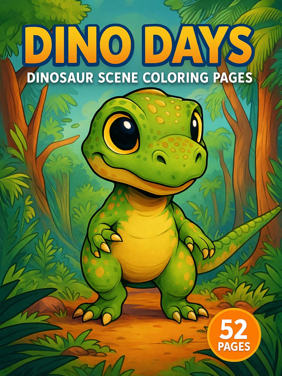 Dino Days – 52 Dinosaur Scene Coloring Pages - Kids Coloring Printables