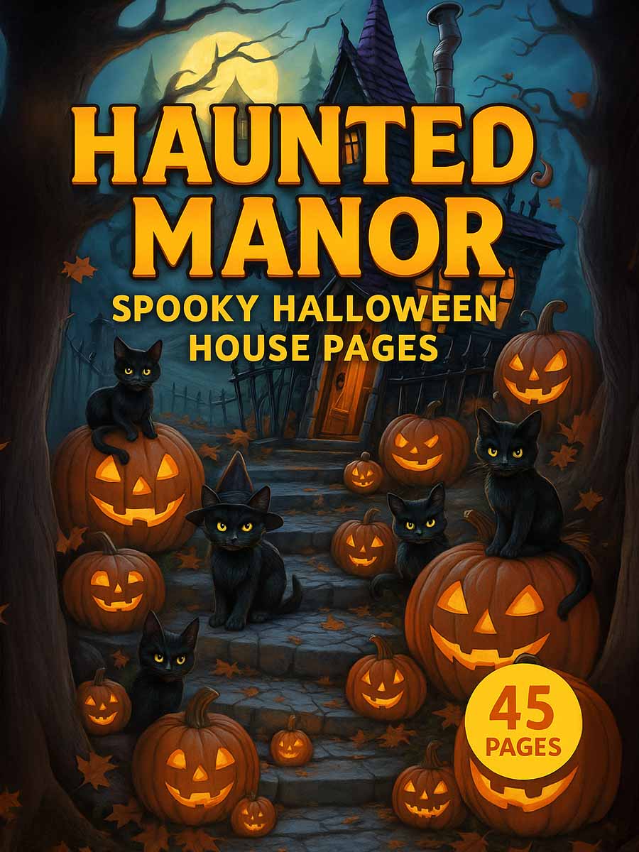 Haunted Manor – 45 Spooky Halloween House Pages - Kids Coloring Printables